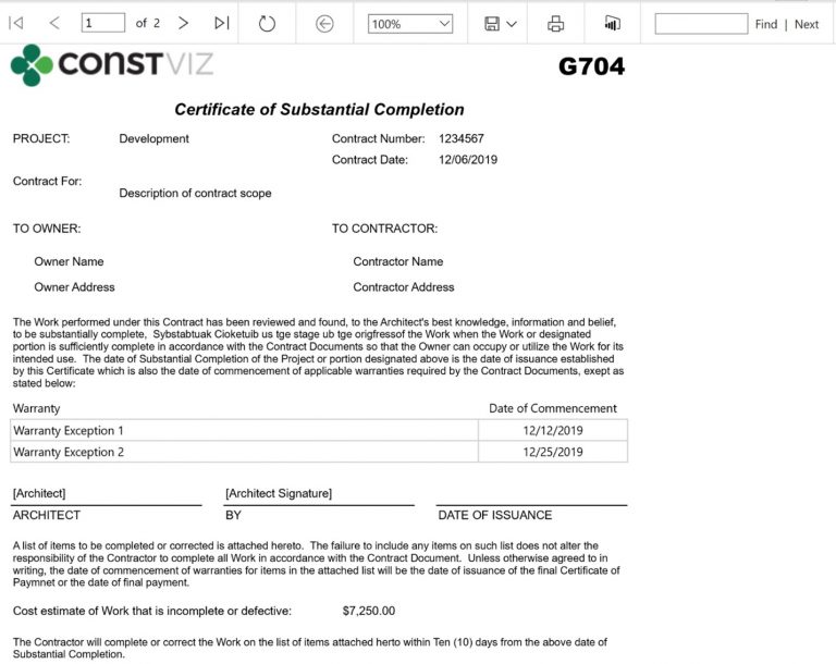 Construction Viz App Spotlight: Substantial Completion Form
